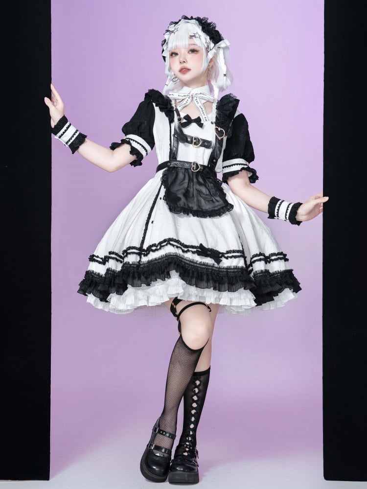 Black and White Punk Maid Dress Short One Piece + Black Apron