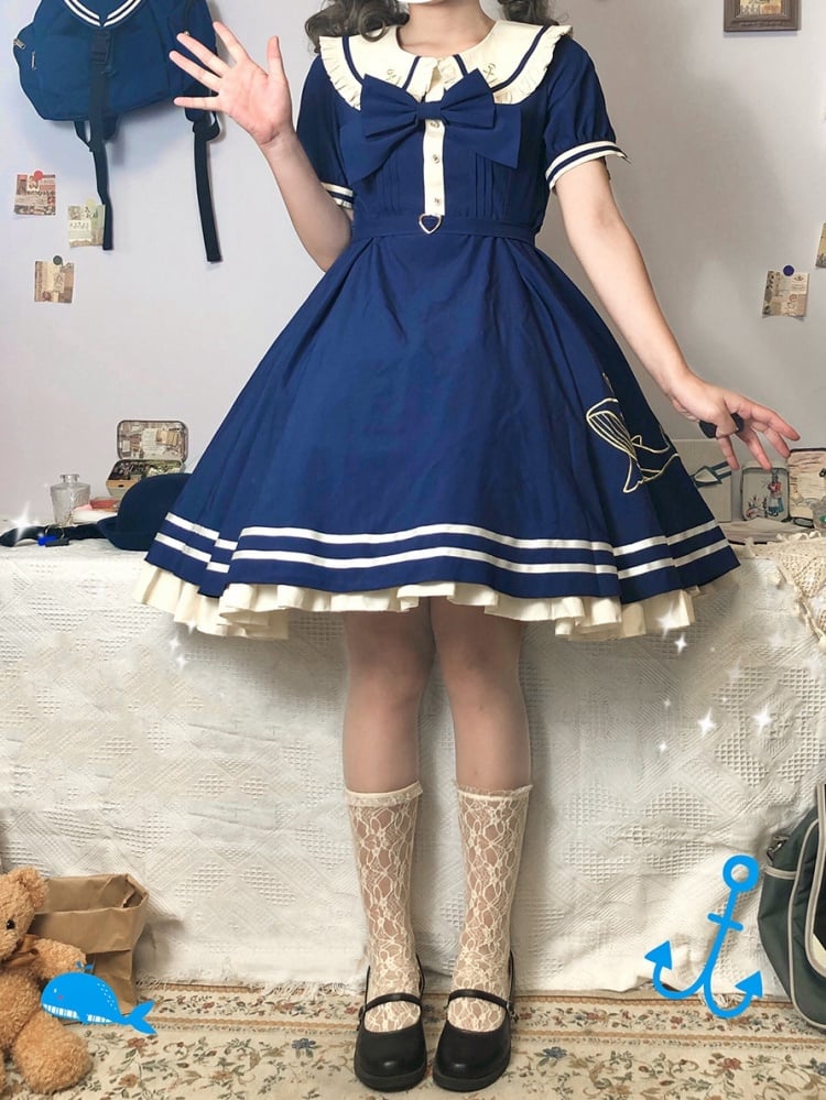 Plus Size Dark Blue Sweet Dress with Whale Embroidery